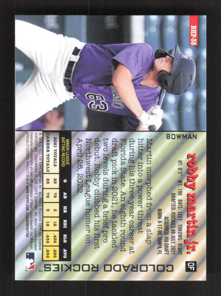Robby Martin Jr. 2022 Bowman Heritage Prospects Colorado Rockies #BHP ...