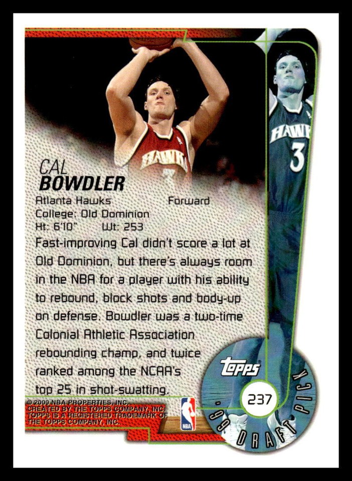 Cal Bowdler 1999-00 Topps #237 Atlanta Hawks RC IP Auto Basketball Card ...