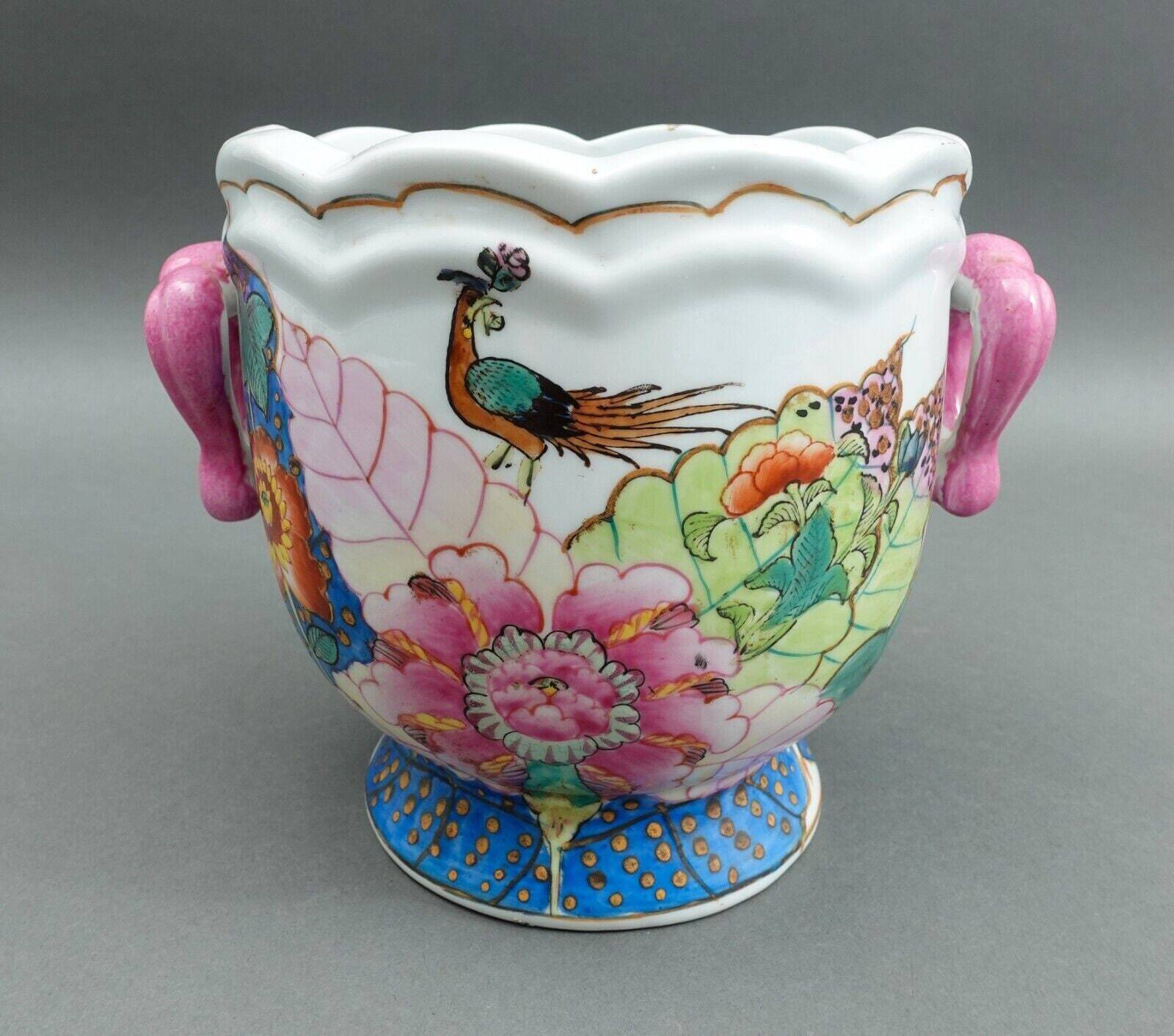 Chinese Porcelain Vintage Tobacco Leaf Decorative Handled Cachepot Vase ...