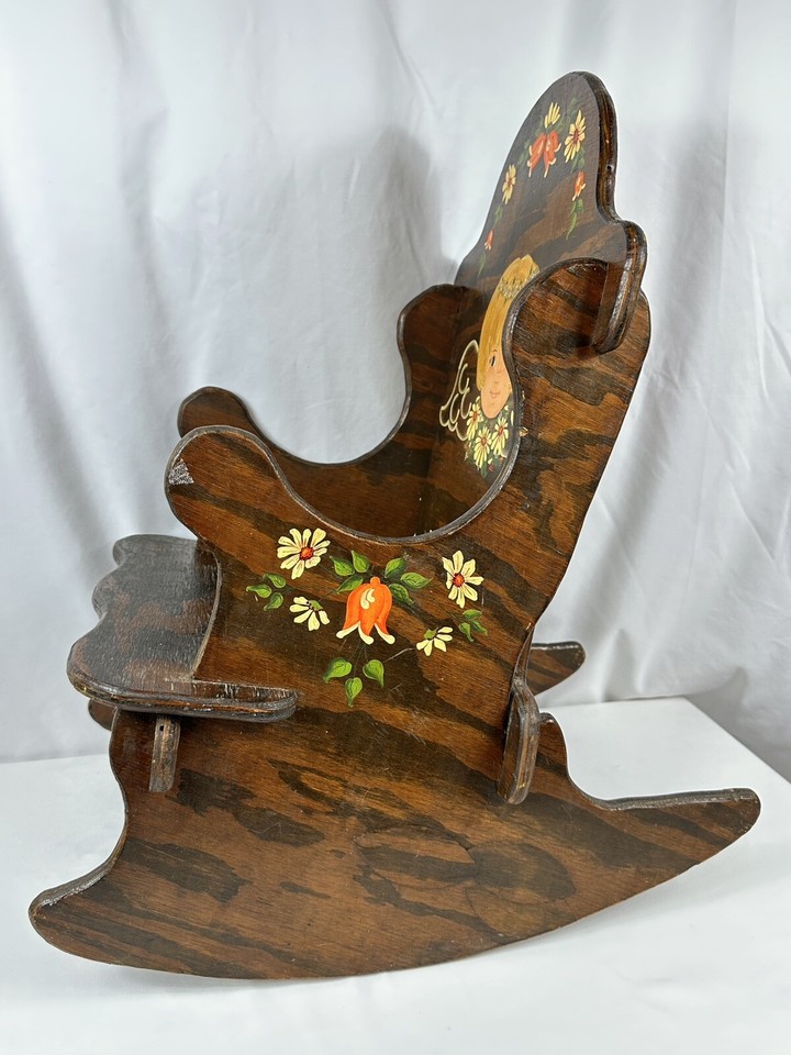 Antique Handcrafted Child’s Wooden Puzzle Rocking Chair Painted Floral ...