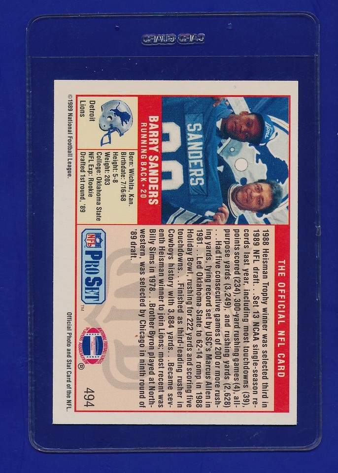 1989 PRO SET #494 BARRY SANDERS ROOKIE CARD RC ROOKIE CARD DETROIT ...