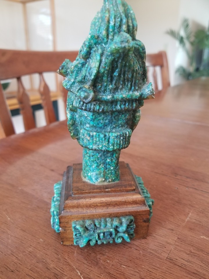 MAYAN AZTEC Chief Green Malachite Warrior Head Bust Statue w/ Wood Base ...