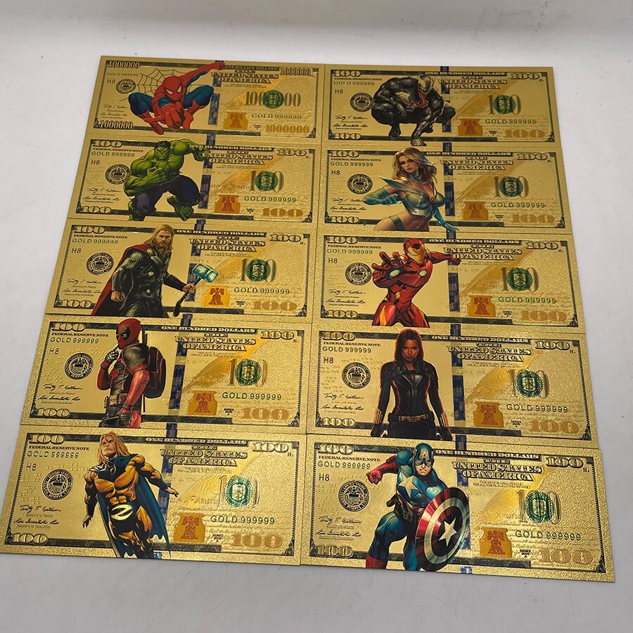 50pcs/lot Movie Hero Star Collection Cards Gold Foil Banknote $100 NOTE ...