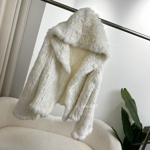 Women's Real Rabbit Fur Coat Fur Jacket Loose Manual Weave Hooded Flare ...