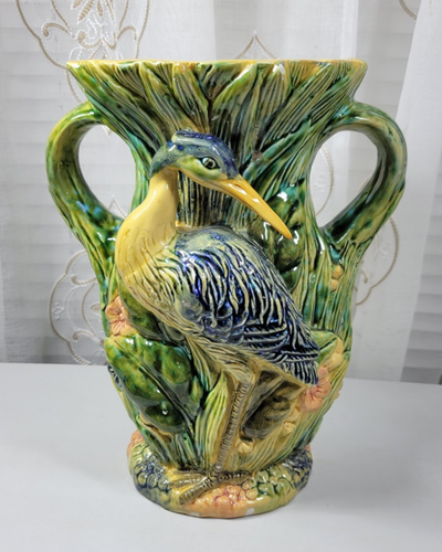 VTG Chalkware Artisan Pottery 3-D Heron Double Handle Vase 11"Tall See ...