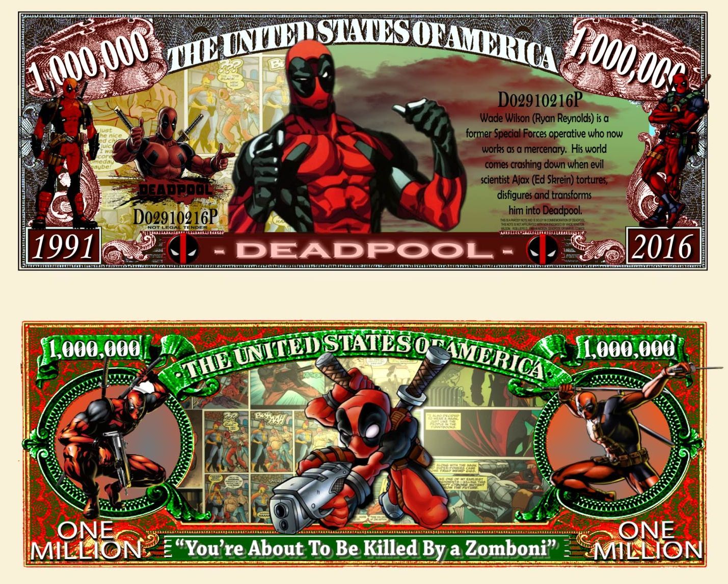 DeadPool Million Dollar Bill Play Funny Money Novelty Note + FREE ...