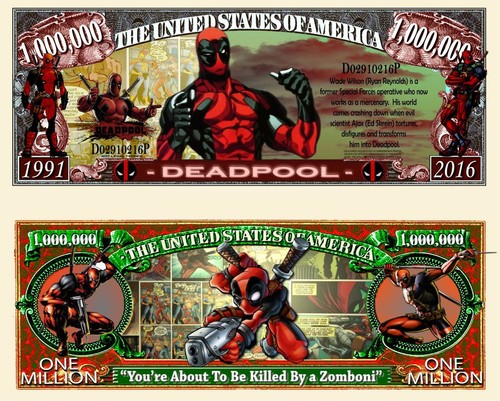 DeadPool Million Dollar Bill Play Funny Money Novelty Note + FREE ...