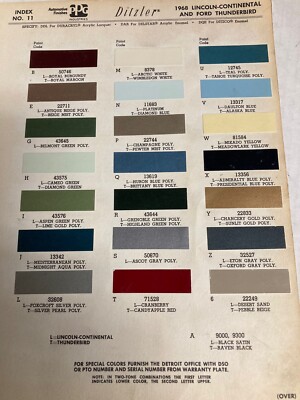 1968 LINCOLN AUTOMOTIVE P.P.G., DITZLER Exterior Paint Color Chip ...