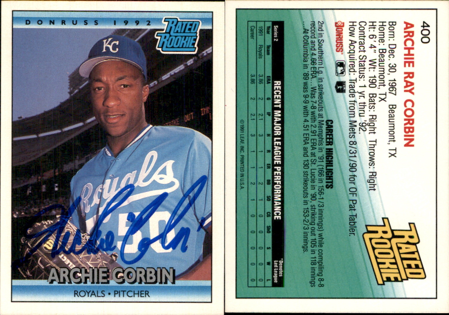 Archie Corbin Signed 1992 Donruss #400a Card Kansas City Royals Auto AU ...