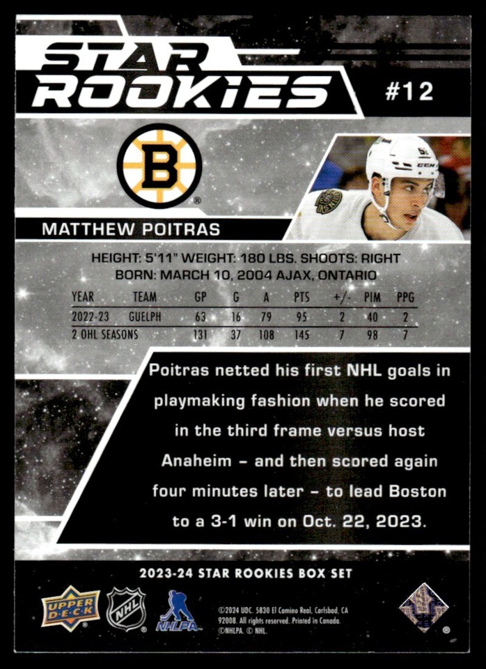 2024-25 Upper Deck NHL Star Rookies Box Set Matthew Poitras Rookie ...