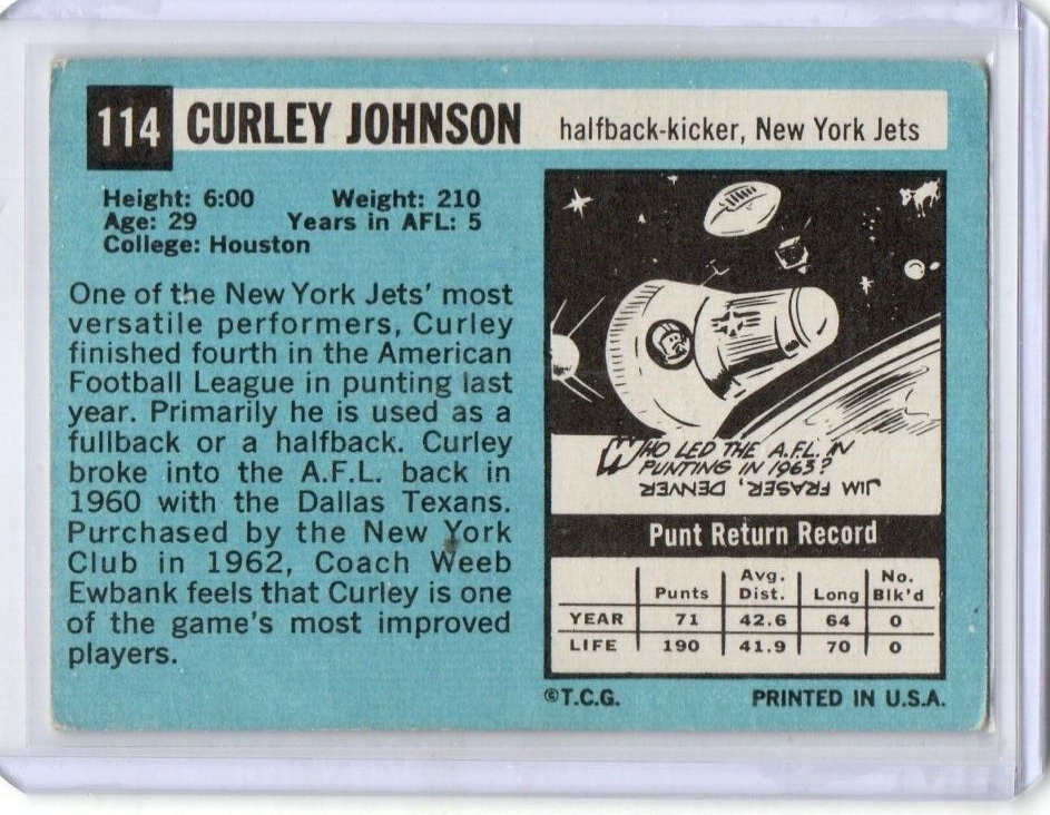 CURLEY JOHNSON 1964 TOPPS FOOTBALL SP CARD #114 JETS VG LOT-17 | eBay