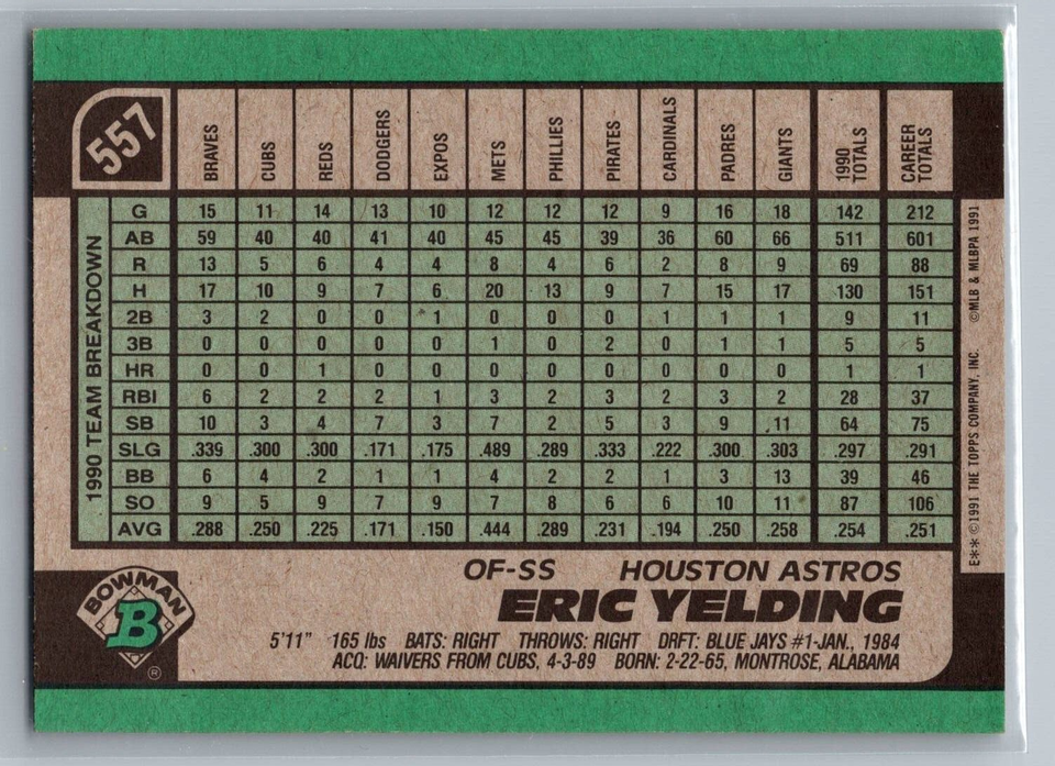 1991 TOPPS BOWMAN CARD # 557 Eric Yelding - Houston Astros | eBay