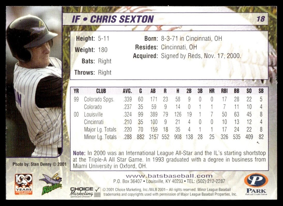 2001 Choice Louisville Riverbats Chris Sexton Baseball #18 | eBay