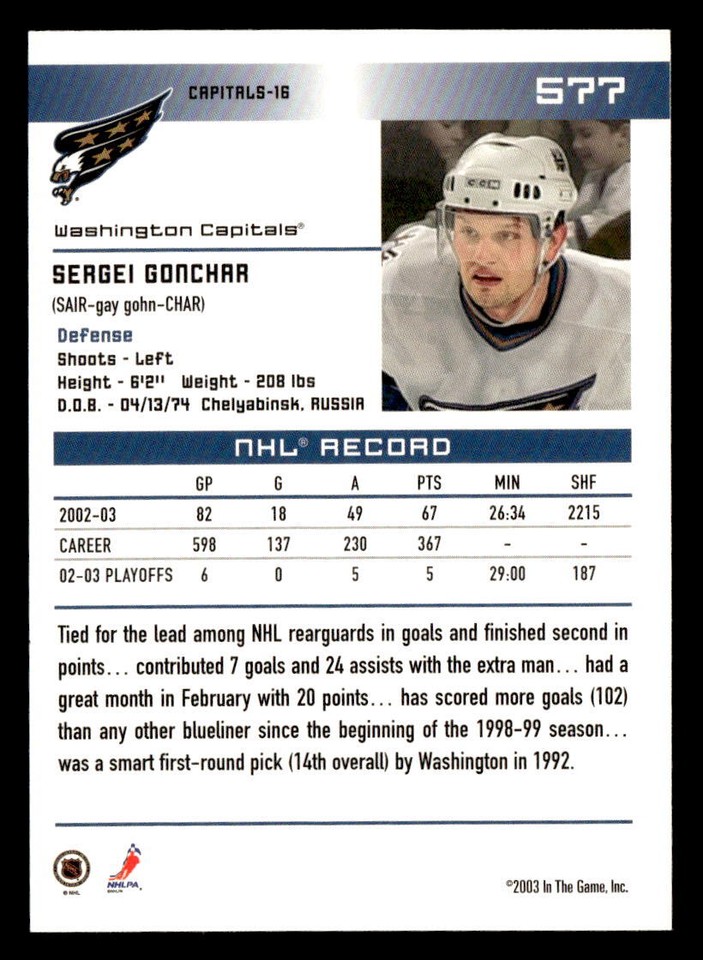 Sergei Gonchar 2003 In The Game Action #577 Washington Capitals | eBay