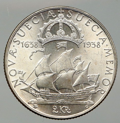 1938 G SWEDEN w GUSTAV V ADOLF SWEDISH LARGE Antique Silver 2 Kronos ...