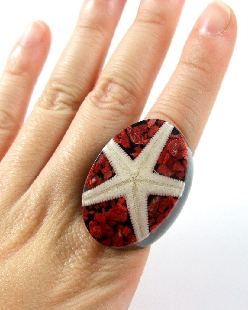 Natural Red Coral Starfish Shell Ring Size US 8 Handmade Women Jewelry ...