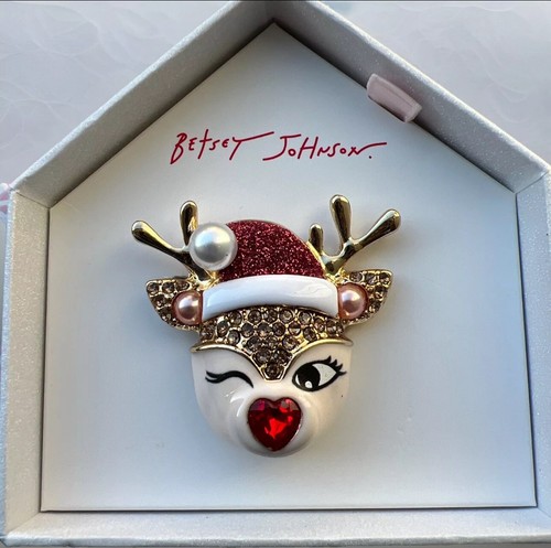 Betsey Johnson Jingle Bell Bling Reindeer Brooch Pin Gold Tone Red ...