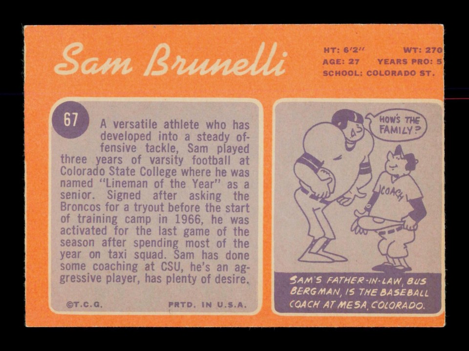 1970 Topps #67 Sam Brunelli RC Denver Broncos EX | eBay