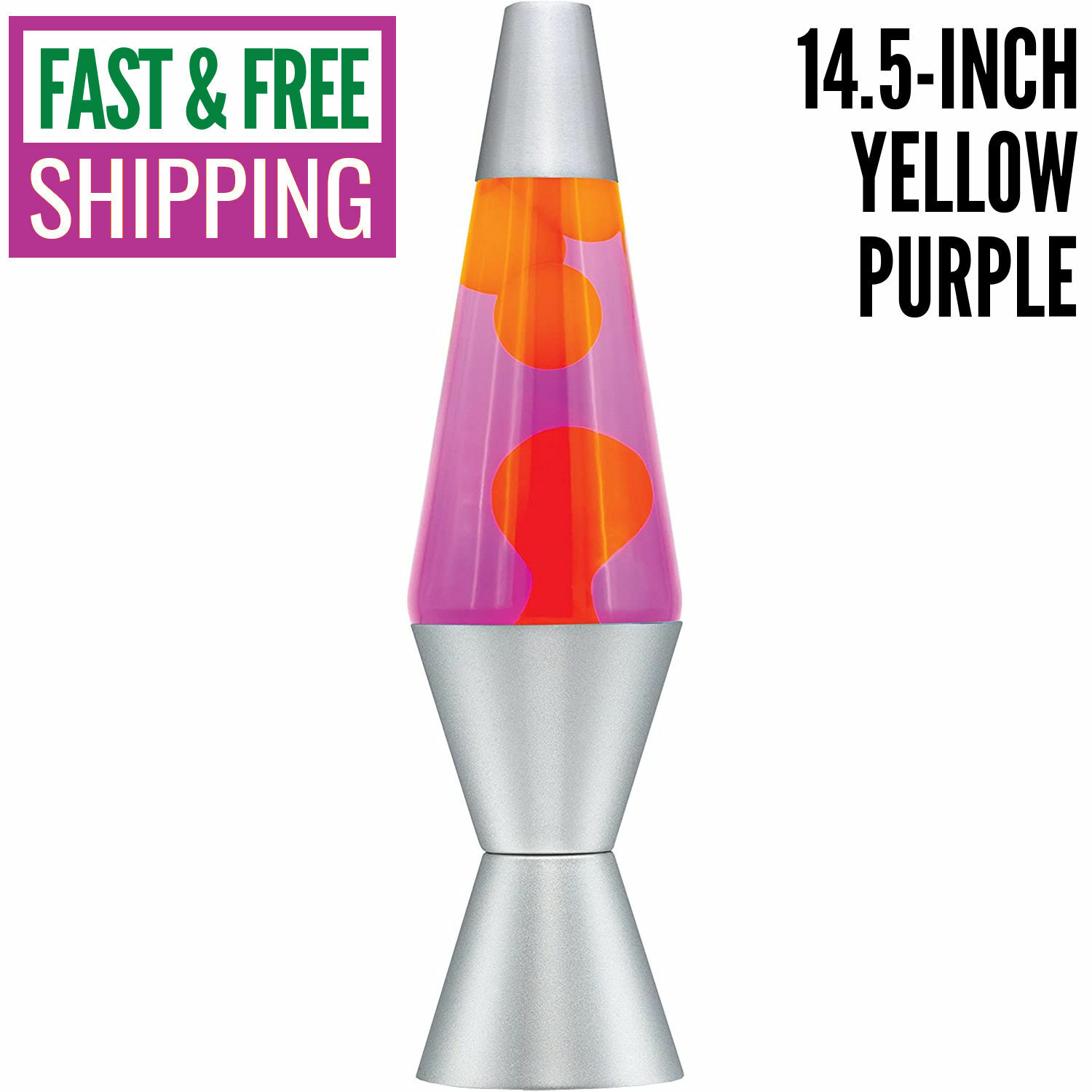 Lava Lamp The Original 14.5 Inch Silver Base Yellow Wax Purple Liquid ...