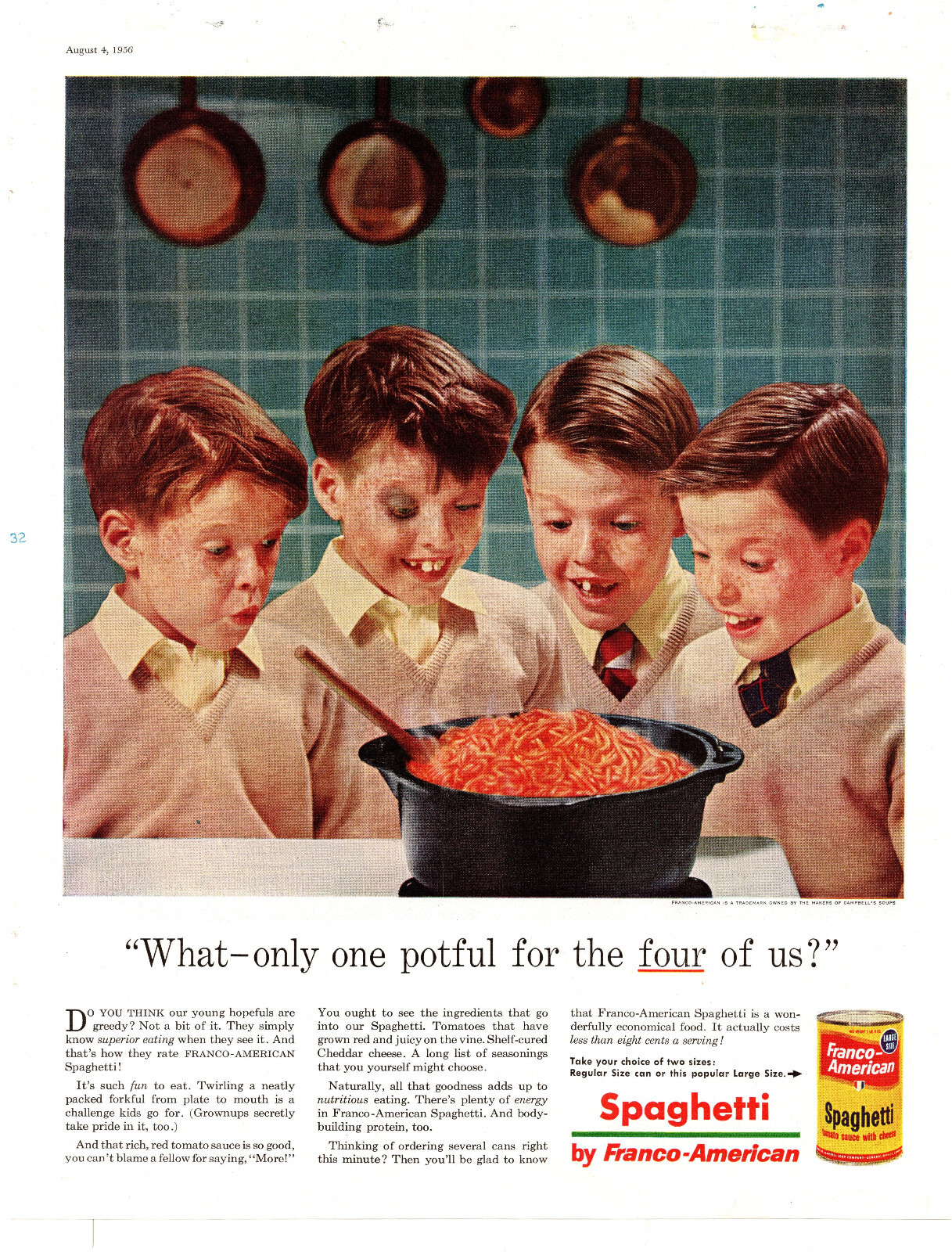1956 Franco-American Spaghetti Canned Four Redhead Boys Food Full Color ...