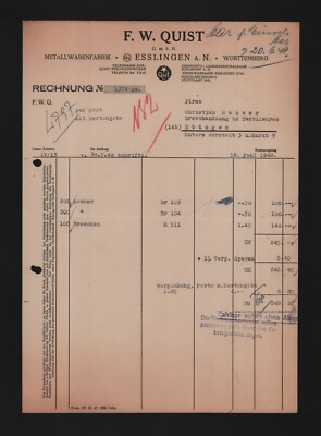 ESSLINGEN, Rechnung 1948, F. W. Quist GmbH Metallwaren-Fabrik | eBay.de