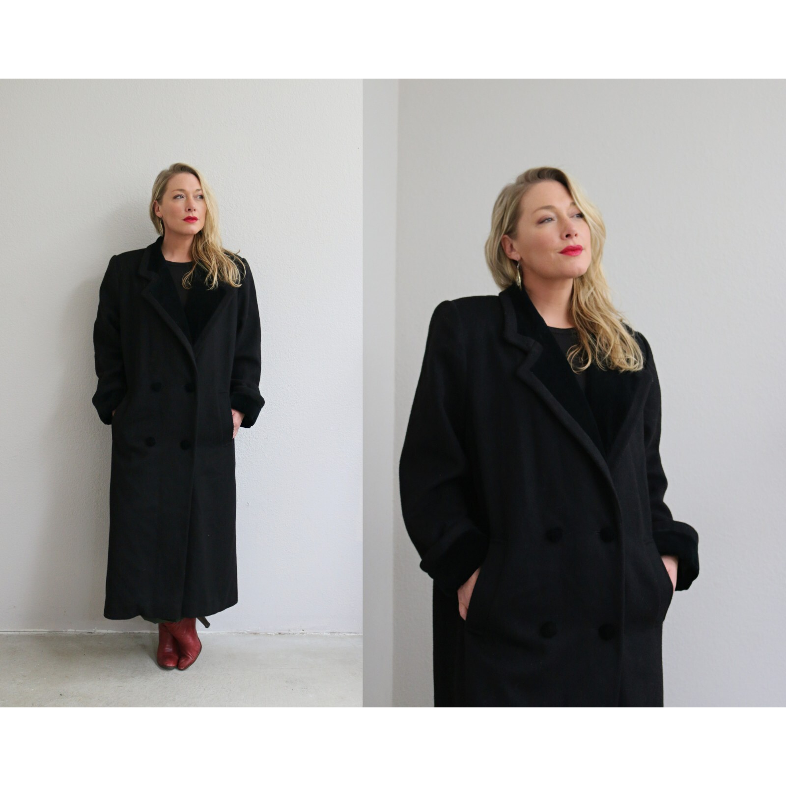 1990's Amanda Gail Wool & Velvet Long Overcoat Wome… - Gem