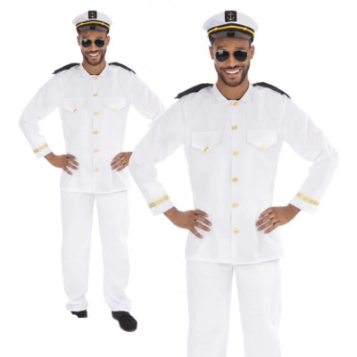 Adults Sailor Captain Costume Mens Navy Officer Fancy Dress Uniform 80s ...