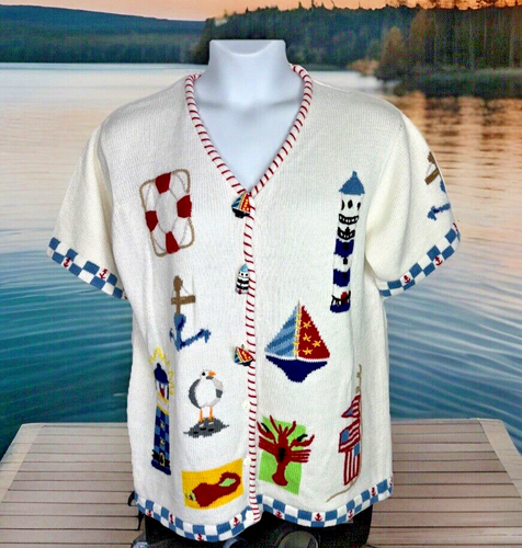 Quacker Factory LARGE Nautical Lighthouse Sailboat Knit Sweater Anchor ...