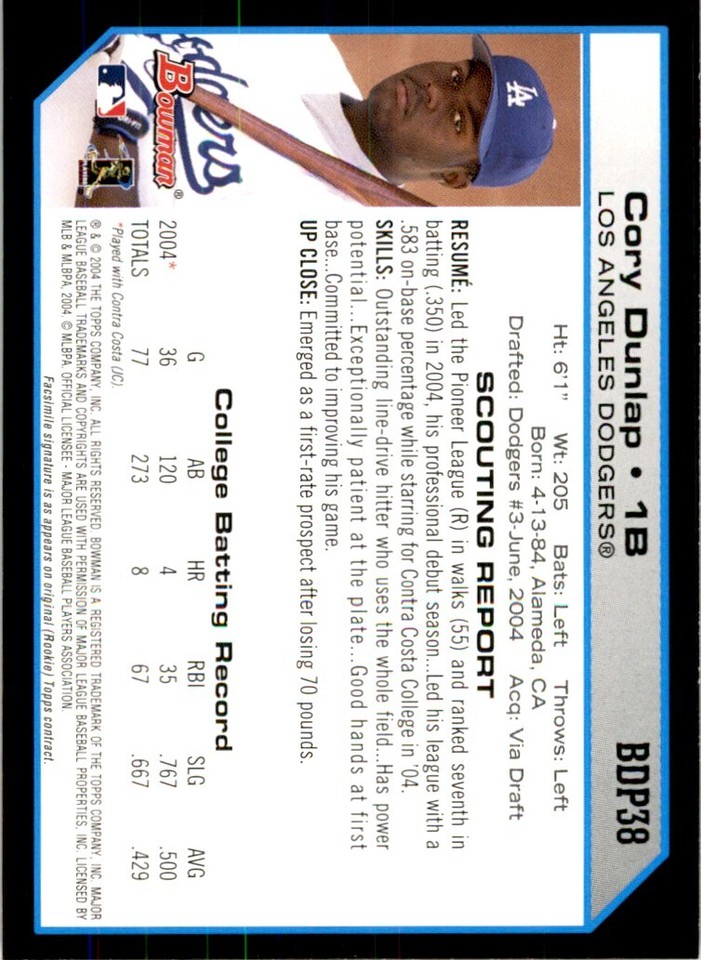 2004 BOWMAN CORY DUNLAP LOS ANGELES DODGERS #BDP38 | eBay