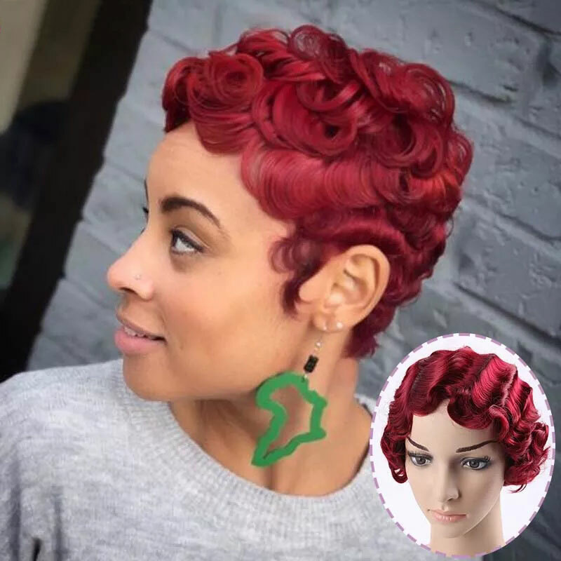 Burgundy Red Finger Wave Remy Human Hair Wigs Short Wave Pixie Wigs ...
