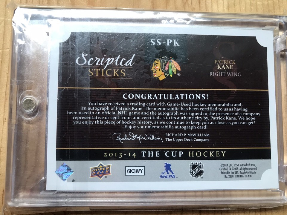 2013-14 Upper Deck The Cup Patrick Kane Scripted Sticks Auto 06/35 Game ...