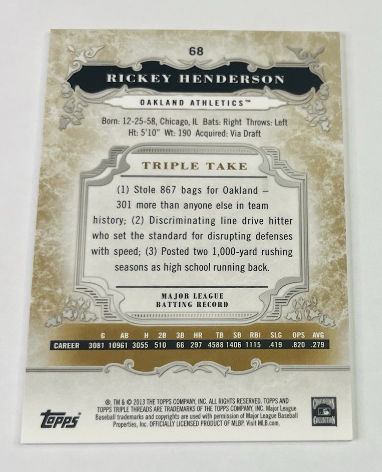 Rickey Henderson 2013 Topps Triple Threads #68 Gold Parallel 46/99 ...