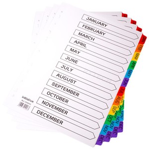 Jan-Dec Month A4 White Card Index Dividers Colour Mylar Tabbed File ...