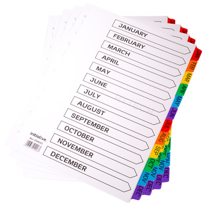Jan-Dec Month A4 White Card Index Dividers Colour Mylar Tabbed File ...