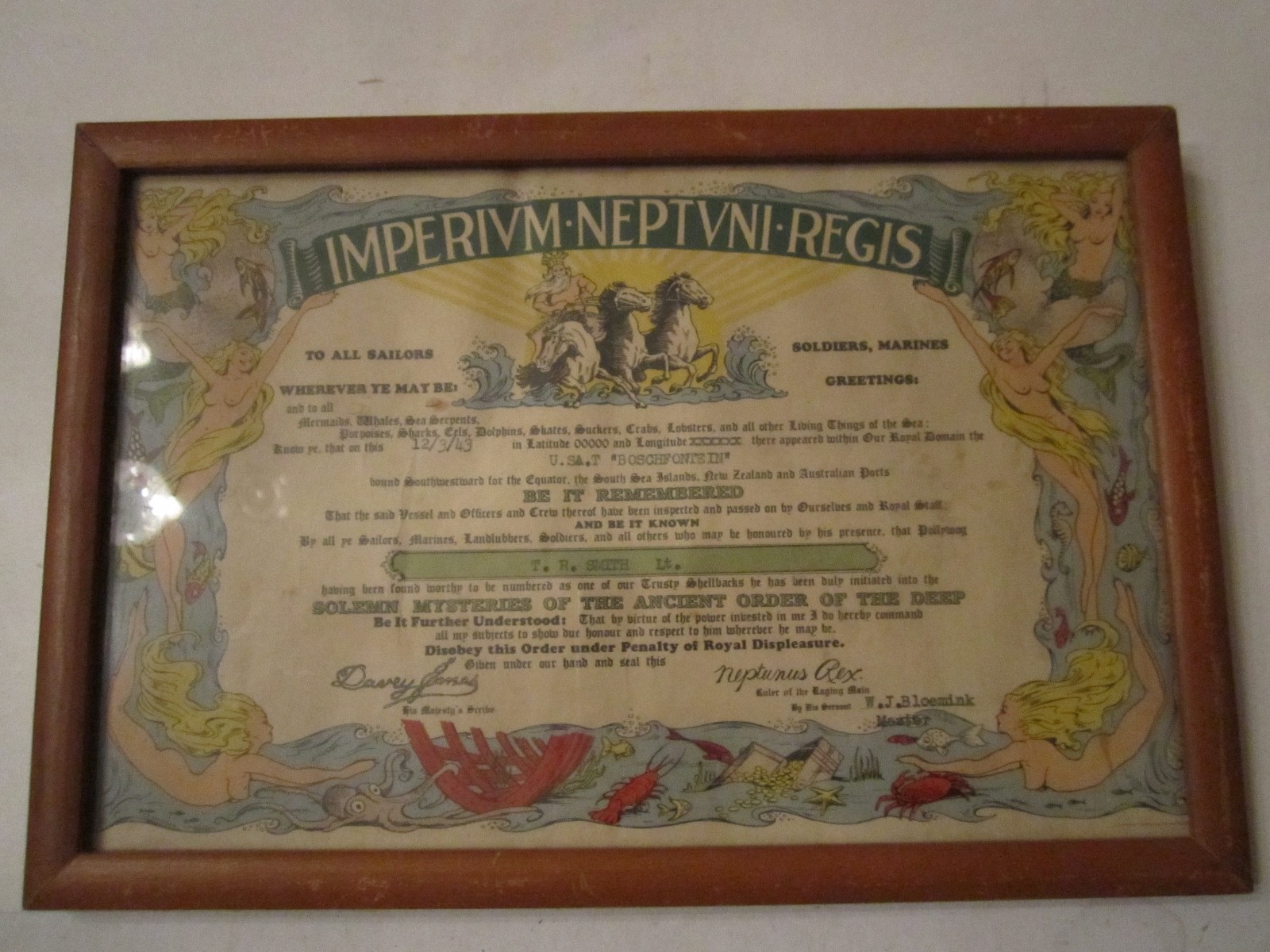 1943 IMPERIVM NEPTUNI REGIS CERTIFICATE - U.S.A T. "BOSCHFONTEIN" - TUB ...