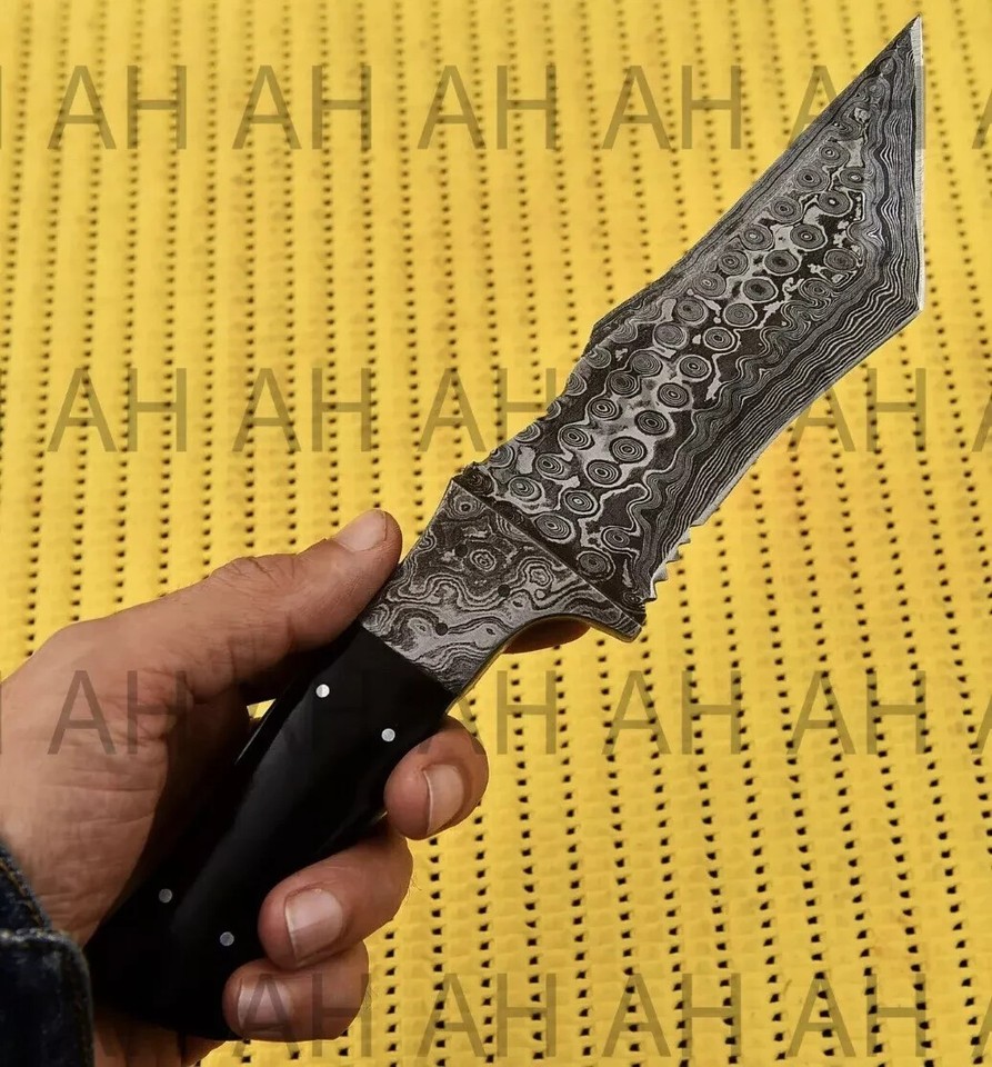 HANDMADE FORGED DAMASCUS STEEL FIXED TANTO BLADE TRACKER HUNTING KNIFE ...