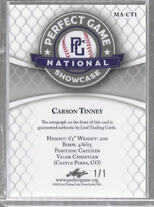 CARSON TINNEY 2022 Leaf Perfect Game RC XRC Auto 1/1 Notre Dame | eBay