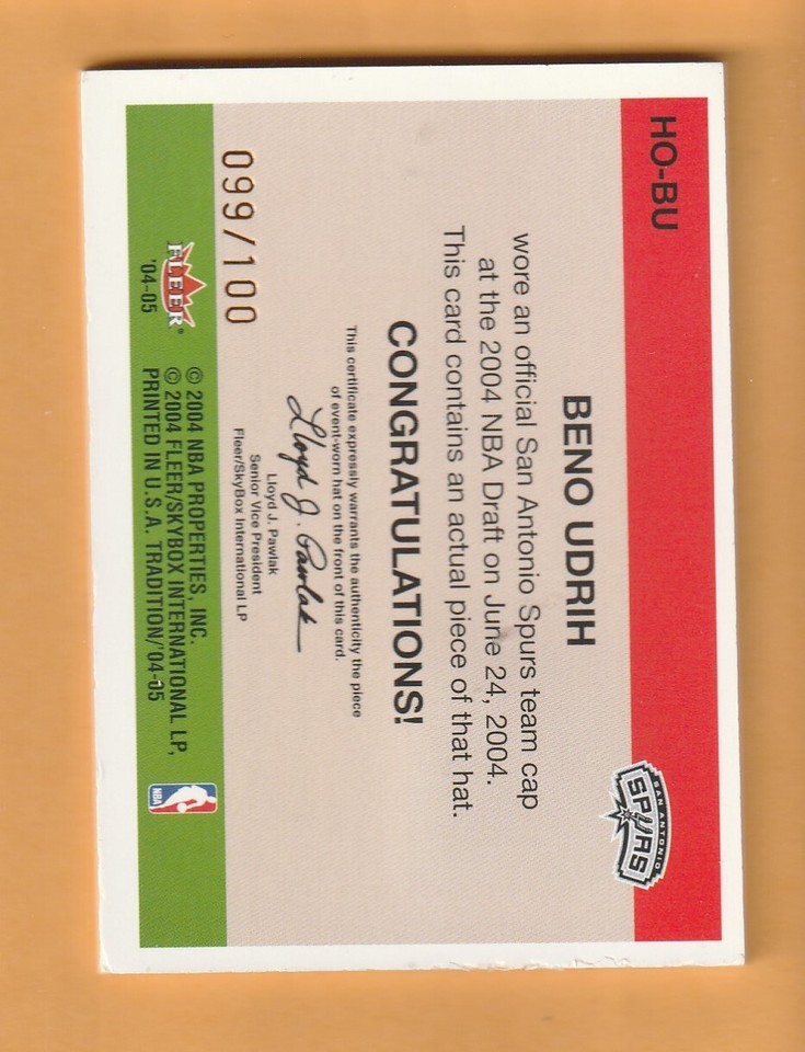 Beno Udrih San Antonio Spurs 2004-05 Fleer Tradition Rookie Hats Off ...