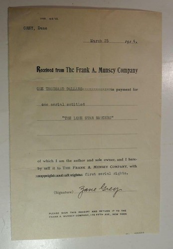 VINTAGE 1914 ZANE GREY TWICE SIGNED AUTOGRAPH CHECK CONTRACT LONE STAR ...