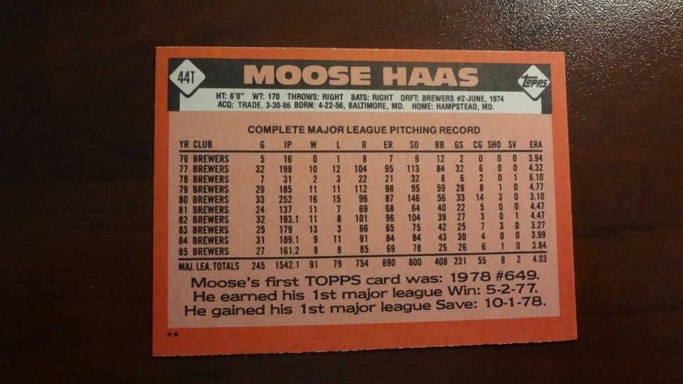 1986 TOPPS # 44T MOOSE HAAS BASEBALL CARD | eBay