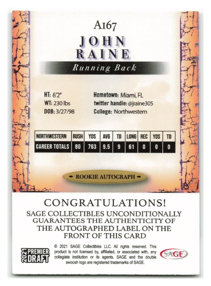 John Raine 2021 Sage Football Autograph RC SP #A167 - NORTHWESTERN | eBay