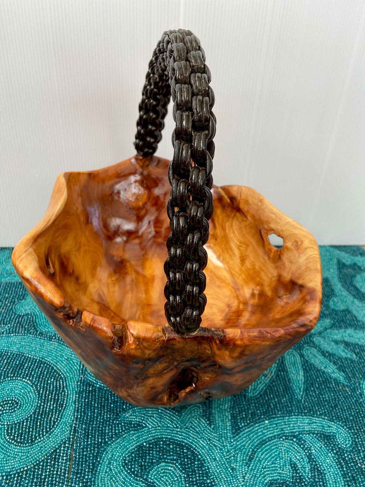 SPECIAL LEATHER HANDLE HAND CARVED SHAN MU TREE BURL ROOT WOODEN BASKET ...