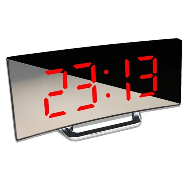 LED Digital Alarm Clock Curved Mirror Large Display USB Bedside Table ...