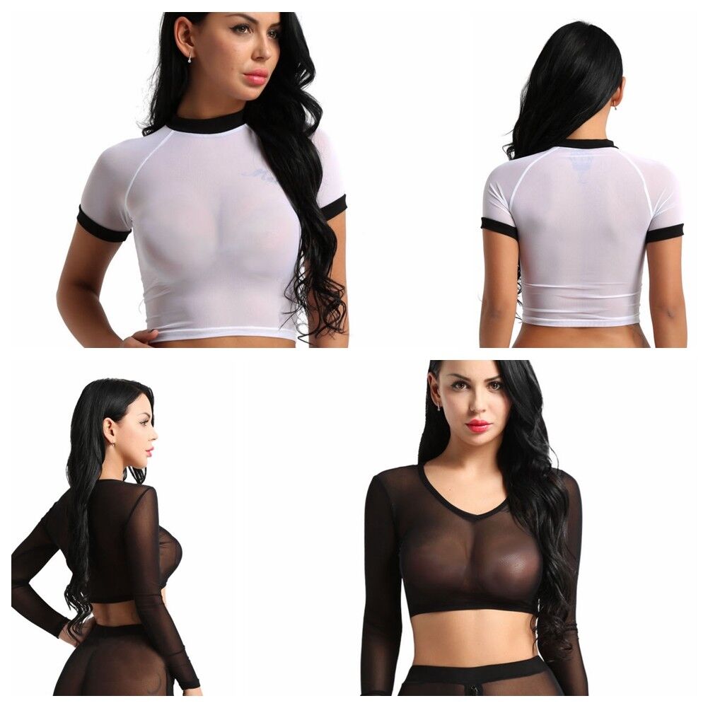 Womens Sexy V Neck See Through Sheer Mesh Tank Blouse Summer Crop Tops