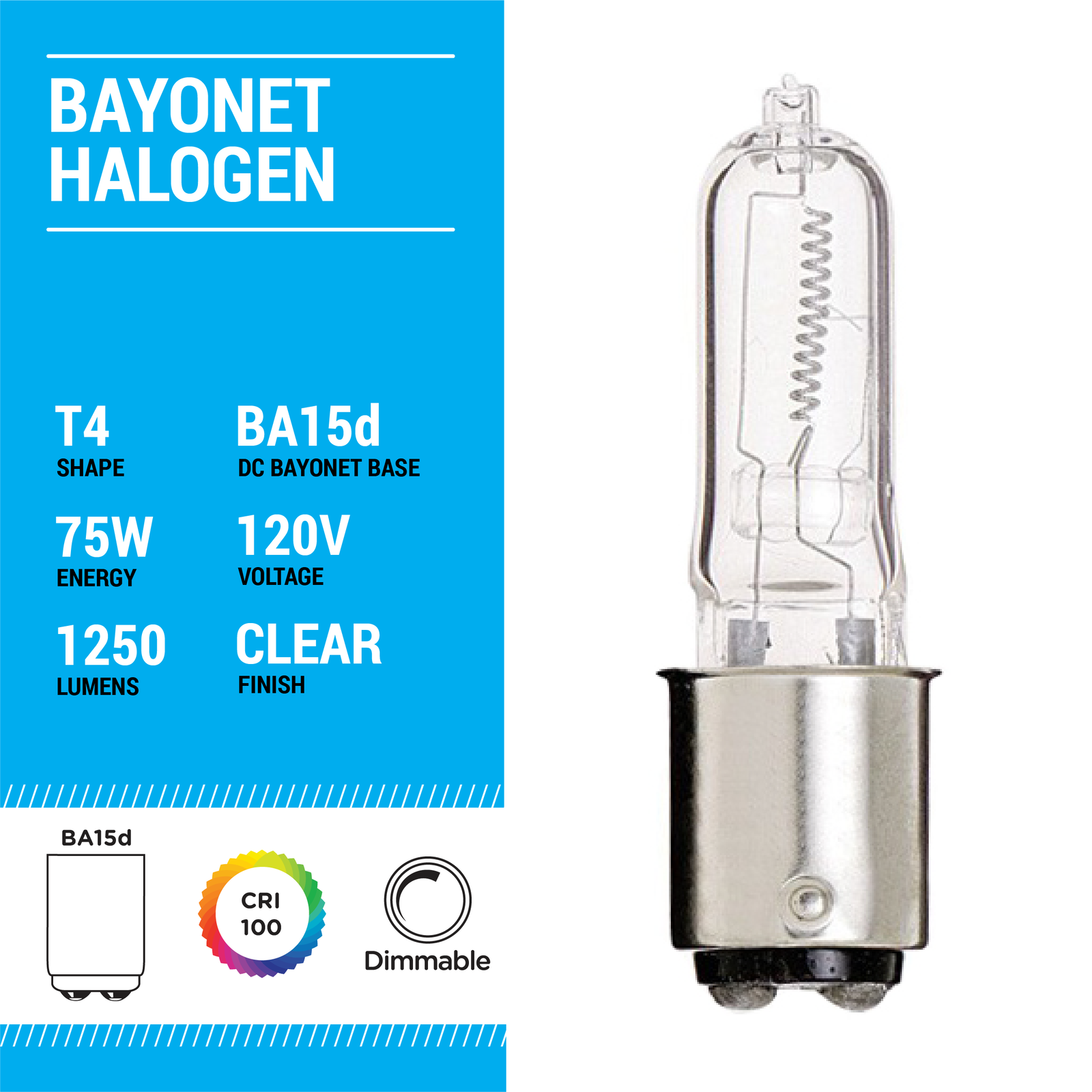 JD Type 75Q/CL/DC 75W Watt Clear Double Contact DC Bayonet BA15d Base ...