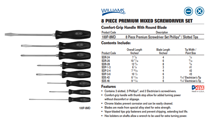 Williams 100P-8MD 8-Piece Premium Mixed Screwdriver Set | eBay