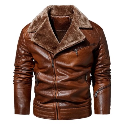 Men’s Biker Brown Genuine Sheepskin Faux Fur Motorcycle Rider Windproof ...
