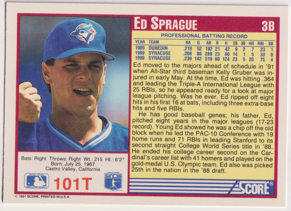 1991 Score Traded #101T Ed Sprague RC Toronto Blue Jays | eBay
