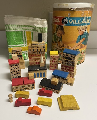 Playskool Village Wood Block Town 64 Wood Pieces With Play Mat | eBay