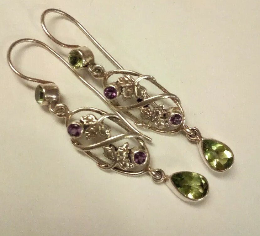 Vintage Sterling Nicky Butler Amethyst Peridot Leaf Long Dangling ...